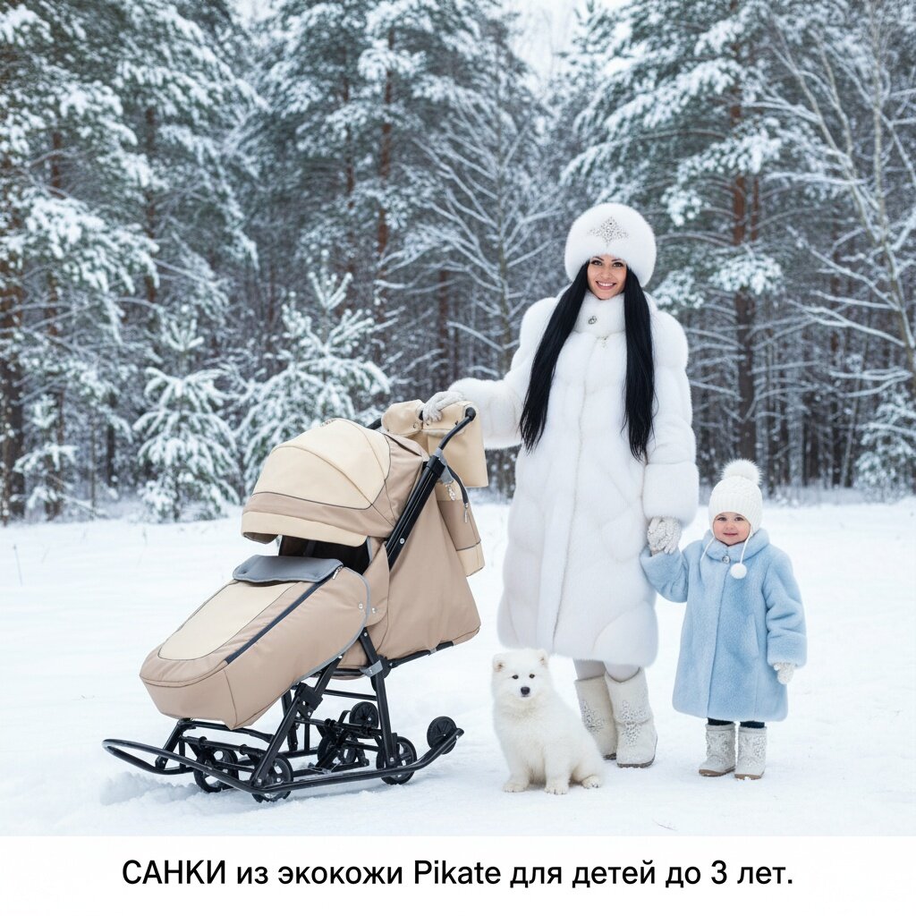 Санки-коляска детские , зимние на колесах Pikate "Deluxe "Механическая спинка.