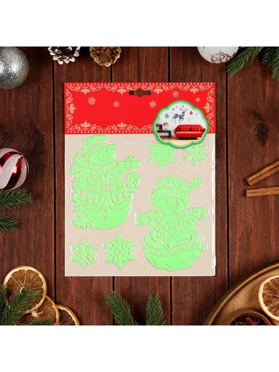 Наклейки на окна, светящиеся Новогодние снеговики