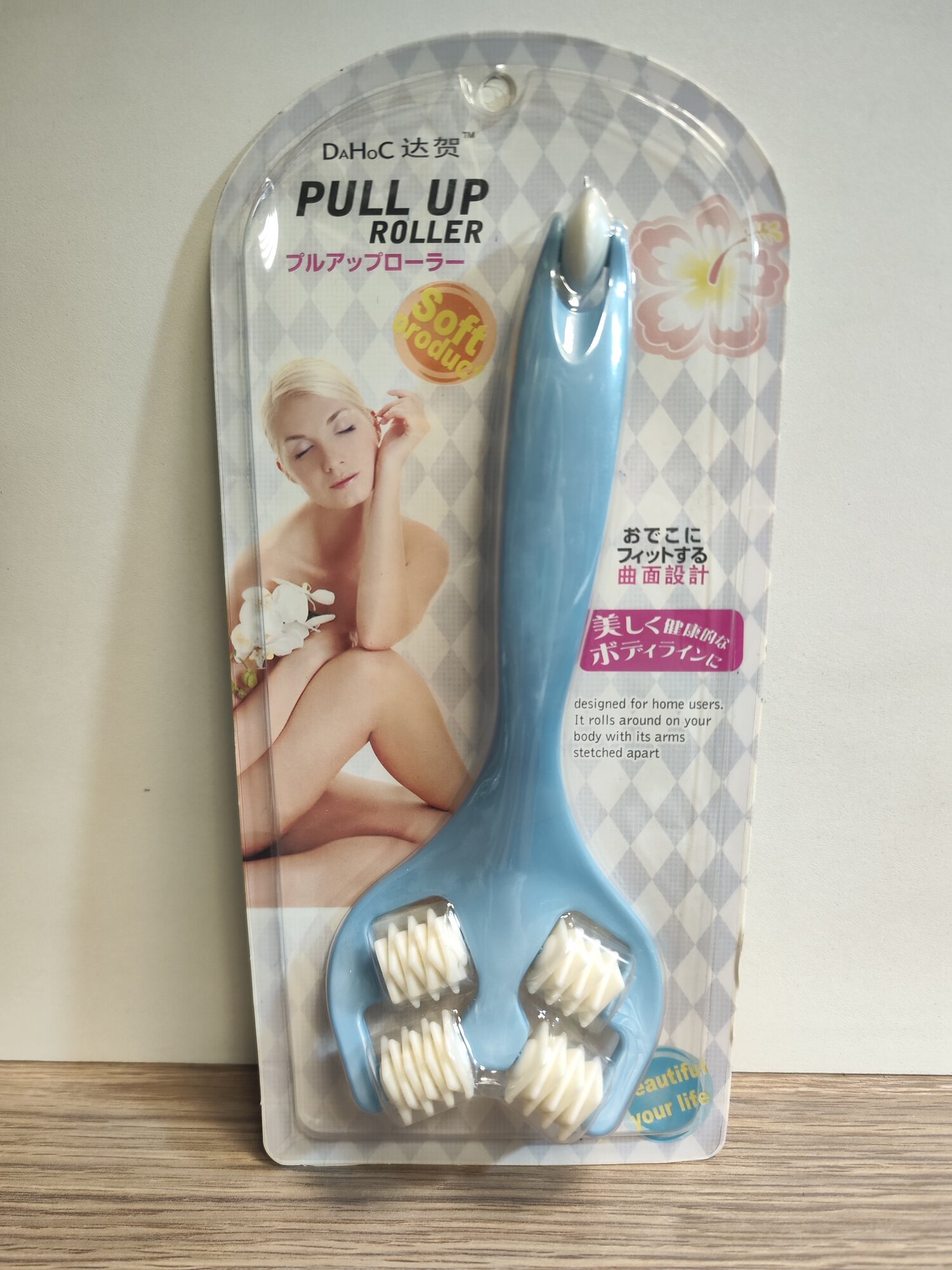 Антицеллюлитный массажер, механический, с роликовым колесом, голубой, на ручке