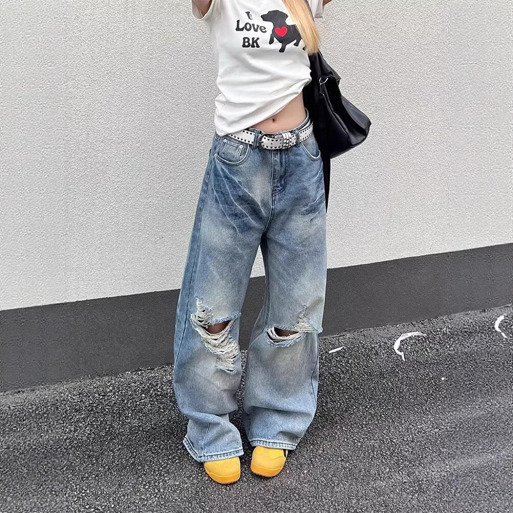 Тренд RONG CH Джинсы Парные Винтажные Изношенные Слабоносые Кроп Широкие Ноги Деним, Размер_S