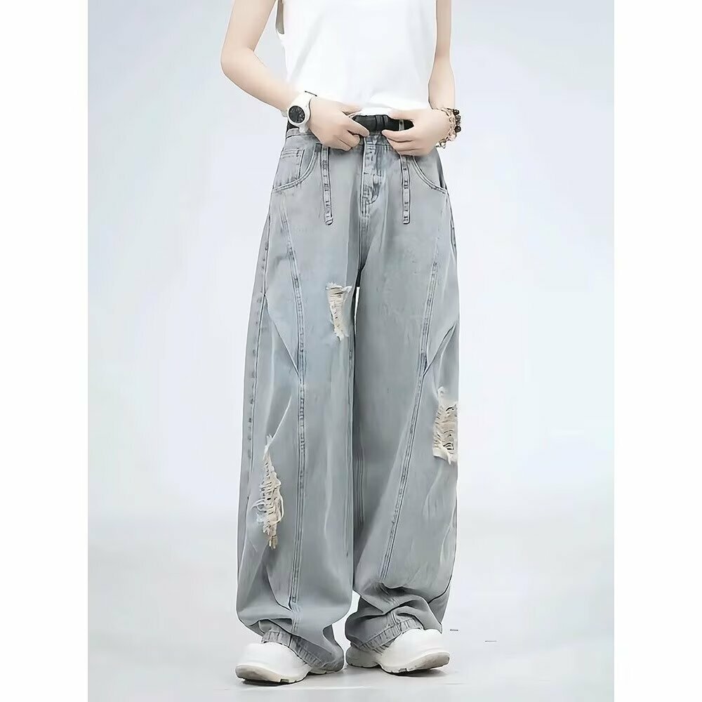 Тренд RONG CH Мужские Джинсы Плиссированные Потертые Панели Вайб Деним, Размер_3XL