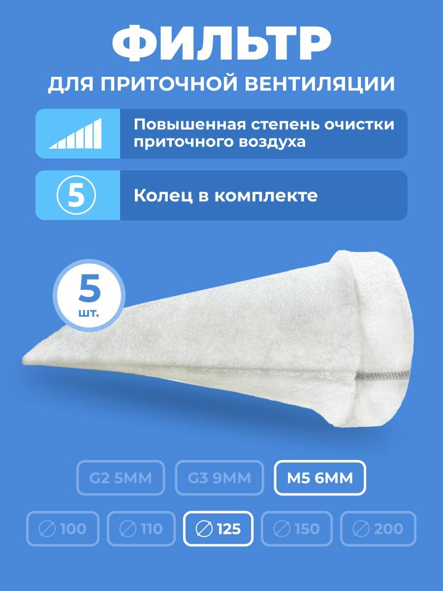 Фильтр канальный M5 125мм для приточной вентиляции в комплекте 5 штук, фильтр для бризера