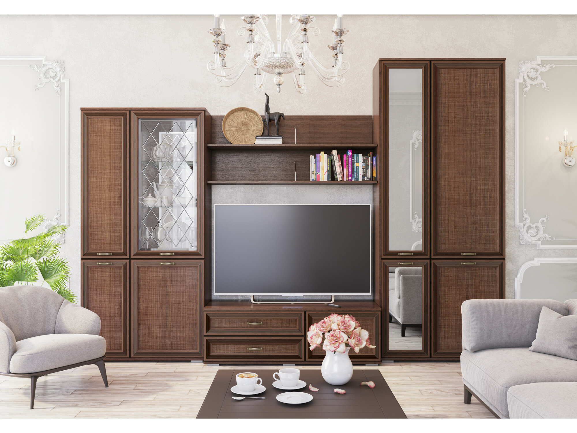 Модульная гостиная, набор 3, Орех донской (Фасад патинированная рамка и 3Д вставка МДФ)