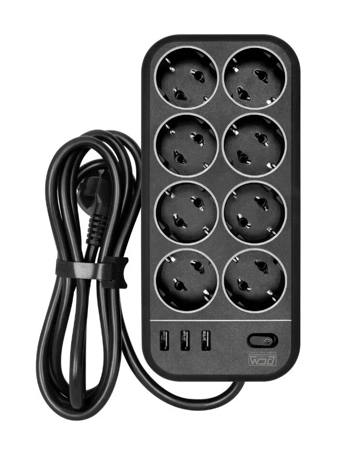 Сетевой фильтр Powercom USB03AB SP-08, 8 розеток, USB-порты, защита от помех, чёрный