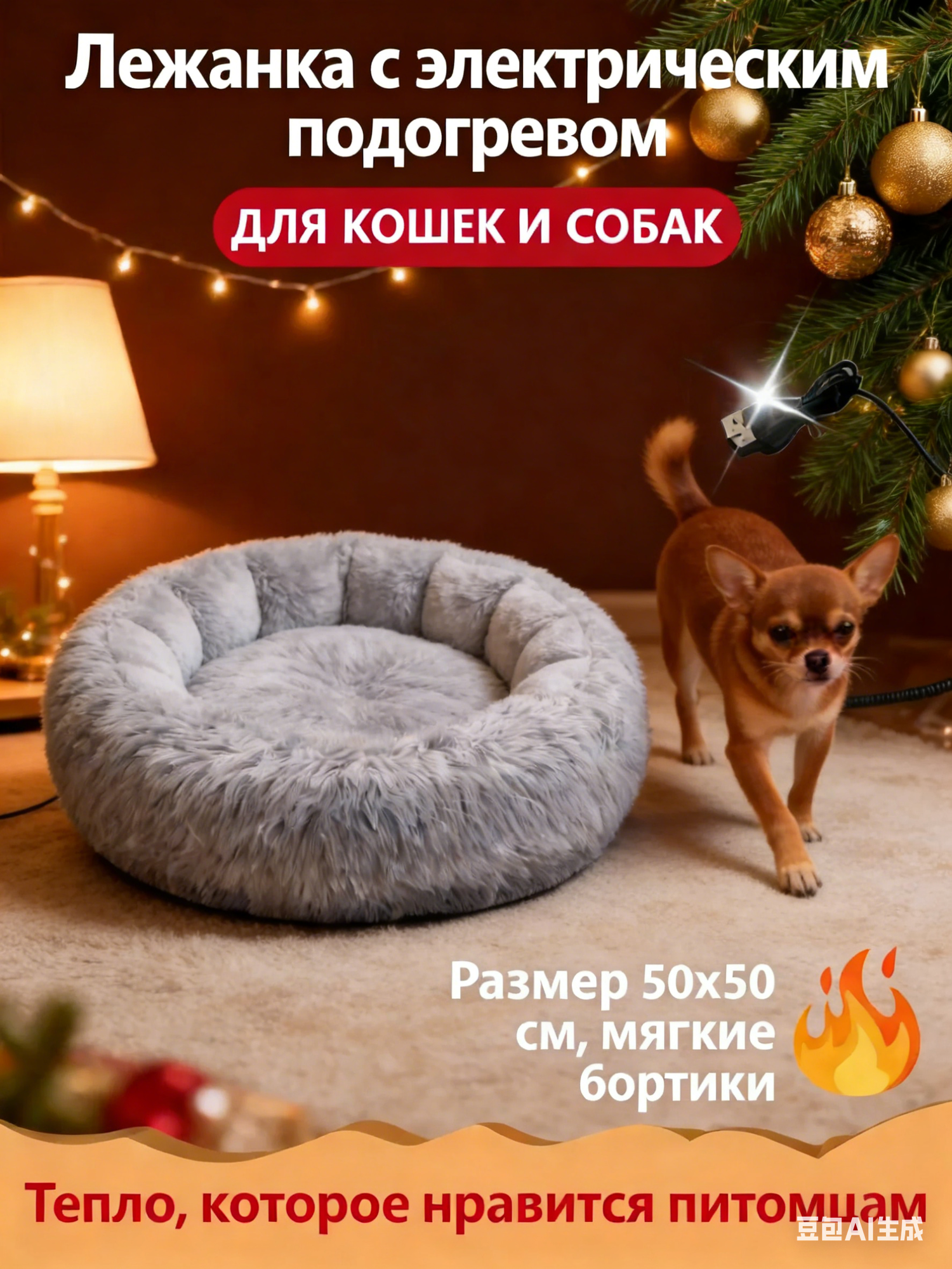 Лежанка для собак и кошек с подогревом 50x50x20см, коврик с подогревом для животных, грелка электрическая，серый