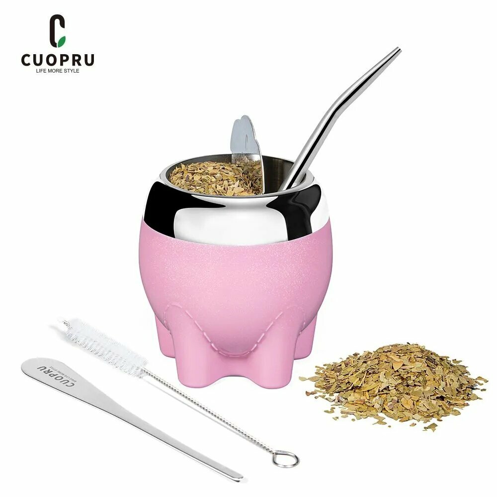 Калабас для мате CUOPRU "Благоприятный слон", нержавеющая сталь/пластик, розовый, 160мл