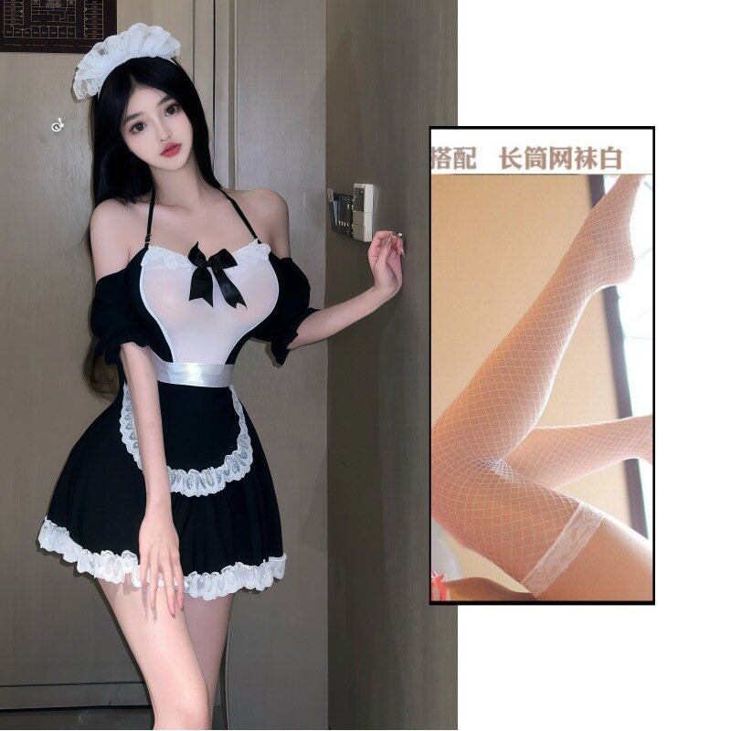 Сексуальный костюм горничной в стиле нижнего белья, не требующий снятия, страстная униформа, бондаж, соблазнительный комплект одежды горничной + белые чулки в сеточку.
