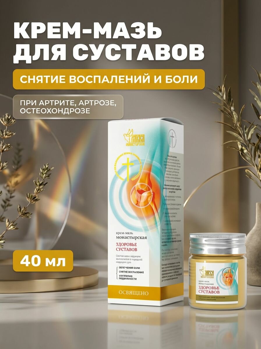 Крем мазь для тела Здоровые суставы, снятие воспалений и боли натуральный на основе монастырских рецептов, 40 мл