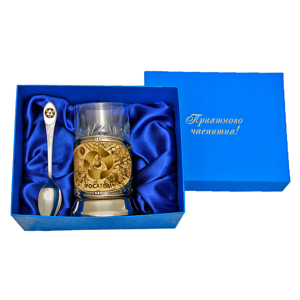 Набор д/чая "Атомная энергия" (3 пр.) - картон. футляр, хруст. стакан, латунь никелированная, гравировка, ложка - нерж. грав. ПД-513/1У