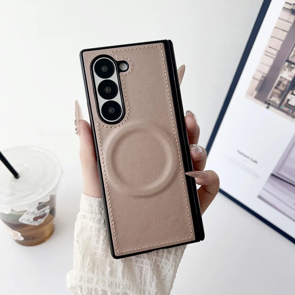 Кожаный чехол для Samsung Galaxy Z Fold4, Коричневый/Розовый
