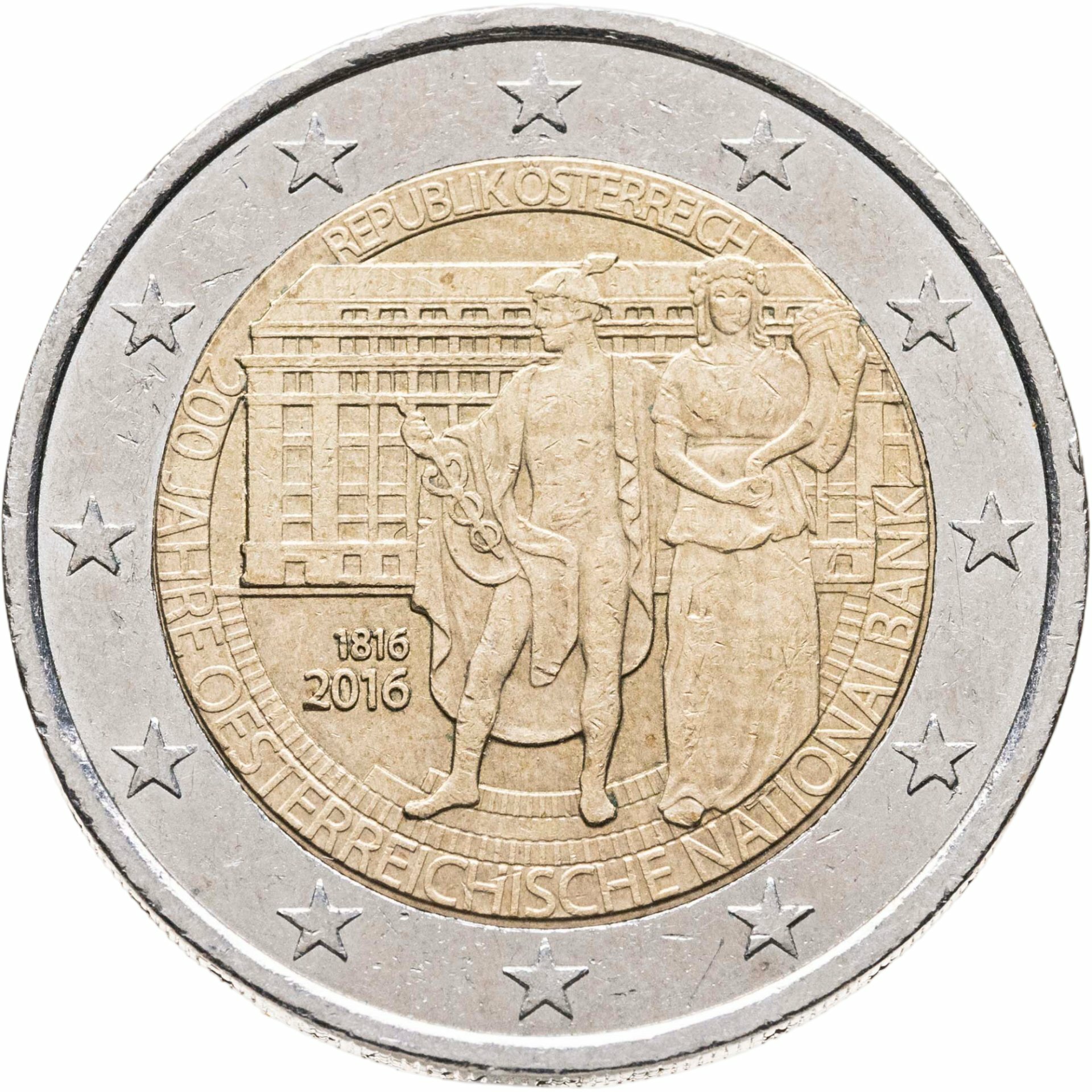 Австрия 2 евро 2016 "200 лет Национальному Банку", Биметалл, в сохранности XF