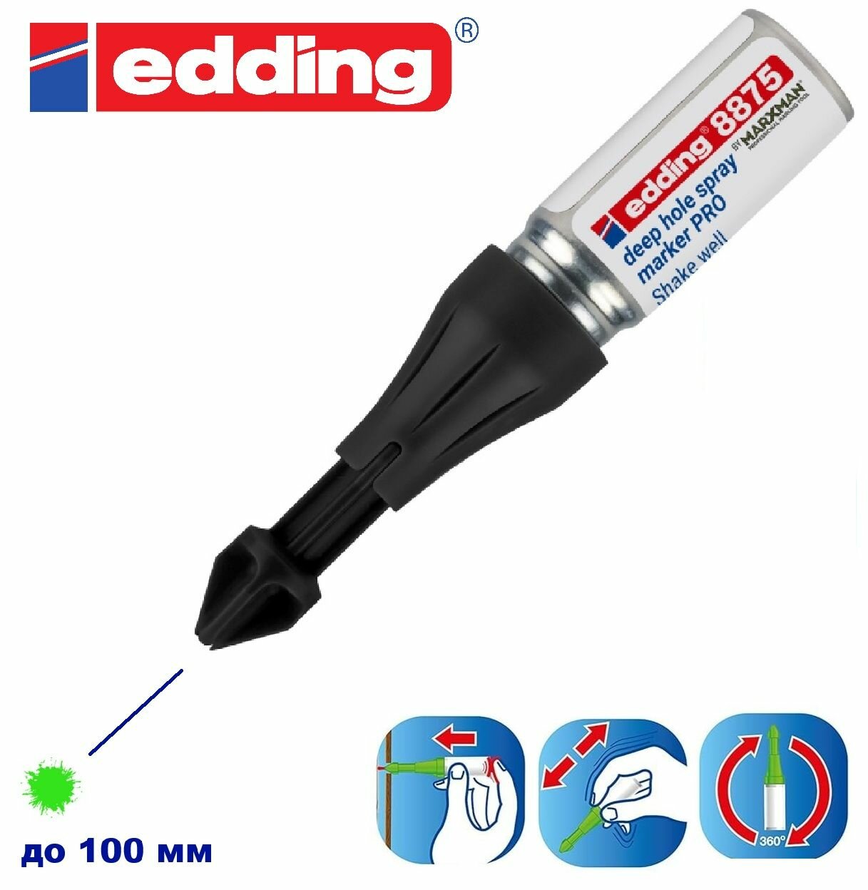 Маркер стреляющий edding 8875 для разметки глубоких отверстий до 100 мм, 3 - 13 мм, неоново-зеленый