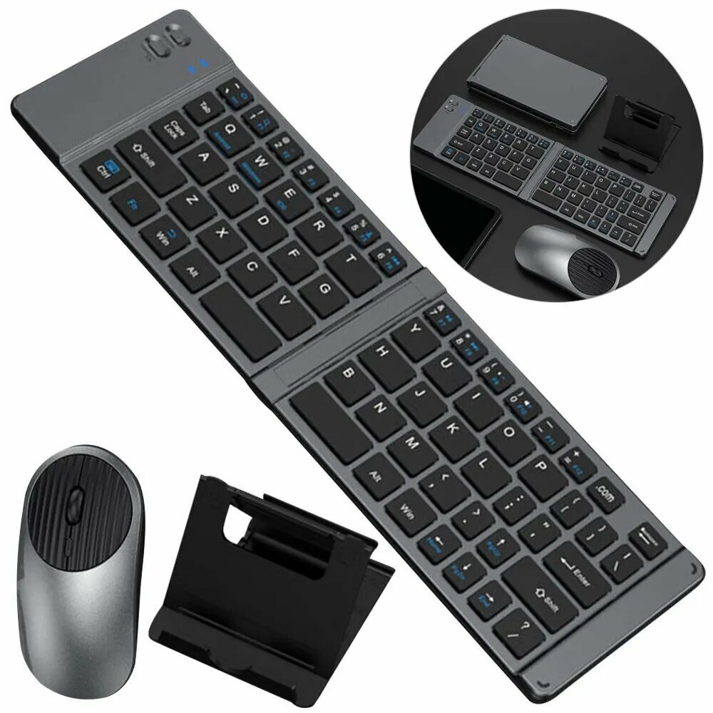 Milochic Комплект клавиатура и мышь беспроводная Складная беспроводная клавиатура и мышь для iPad смартфона ноутбука, Английская раскладка, черно-серый