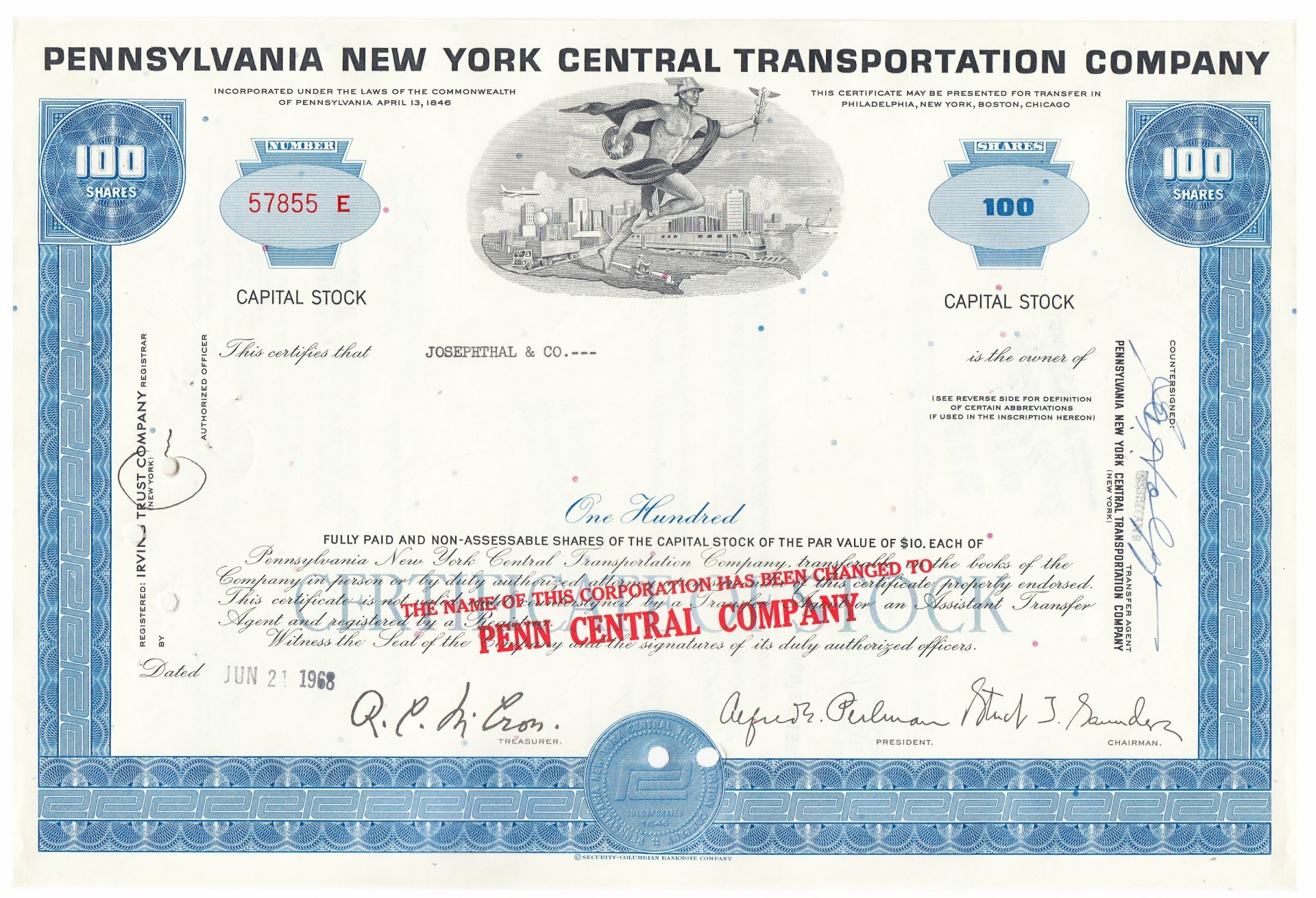 Акция США PENNSYLVANIA NEW YORK CENTRAL TRANSPORTATION COMPANY 1968- 1969 г