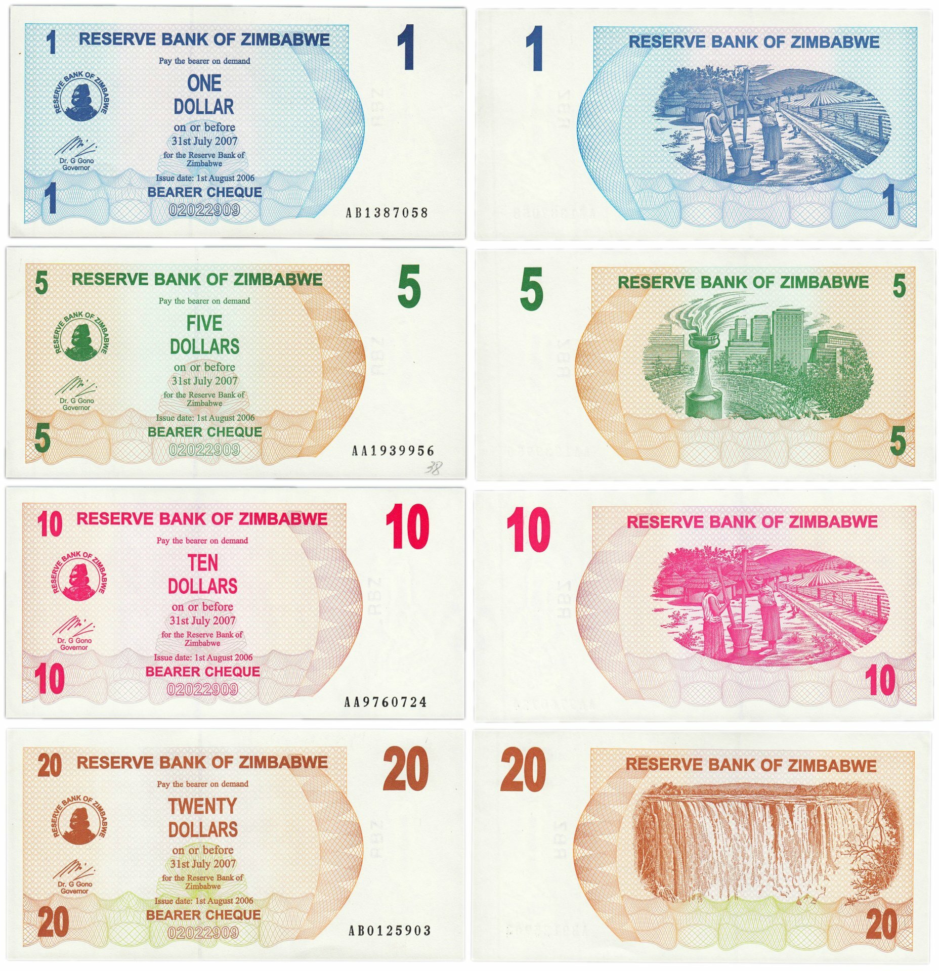 Зимбабве набор из 4 банкнот 1, 5, 10, 20 долларов 2006-2007