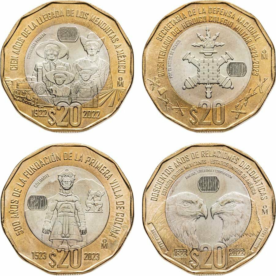 Мексика набор 4 шт 20 песо 2022-2023 "Колима, Дип отношения США, Академия, Менониты", Биметалл, в сохранности UNC