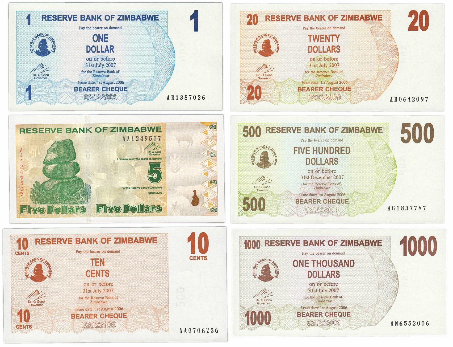 Зимбабве набор из 6 банкнот 1, 5, 10, 20, 500, 1000 долларов 2006-2007 пресс