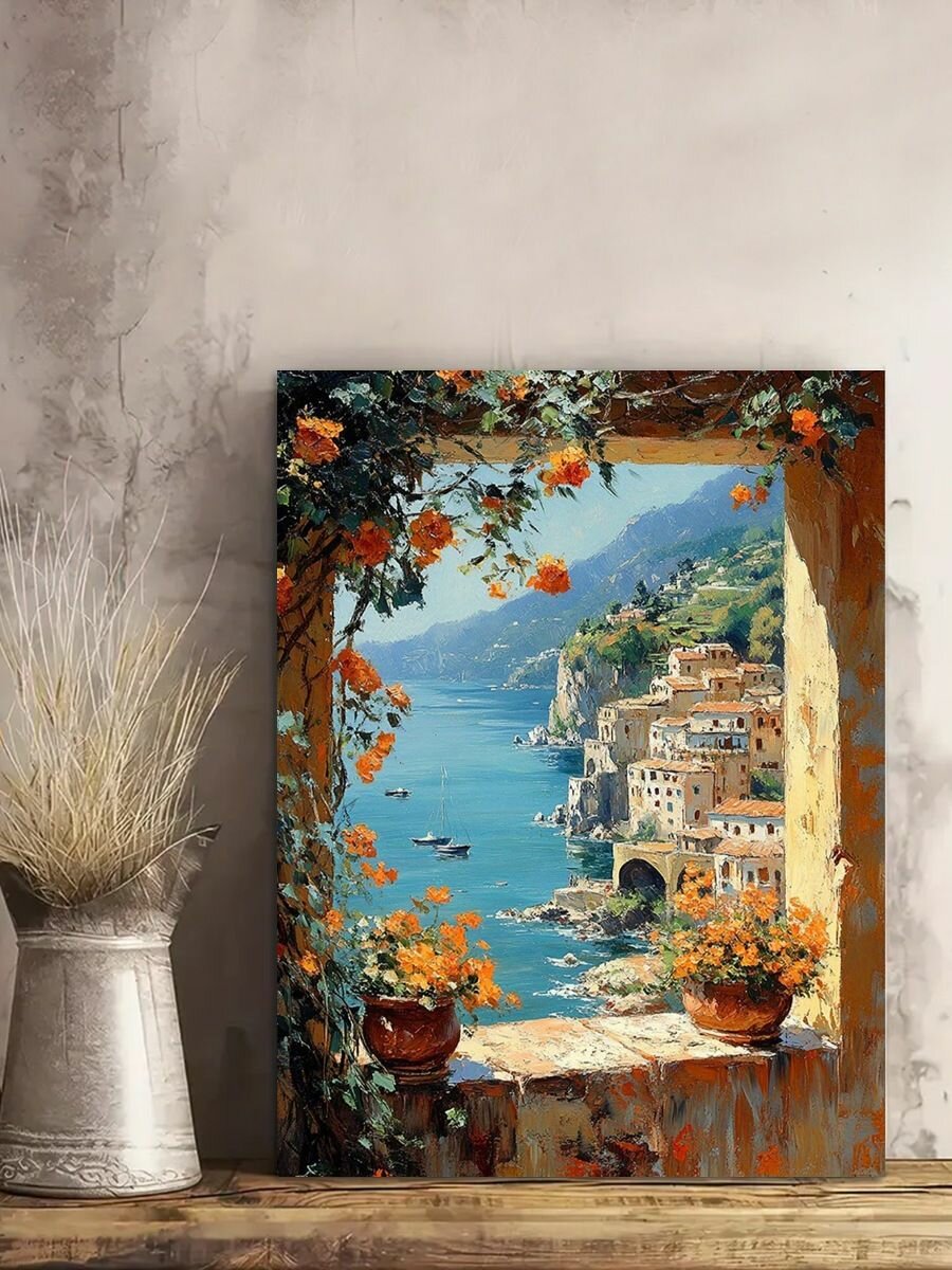 Декоративная канва для дома с видом на прибрежный балкон с цветами Картина на холсте без рамы 30 х 40CM