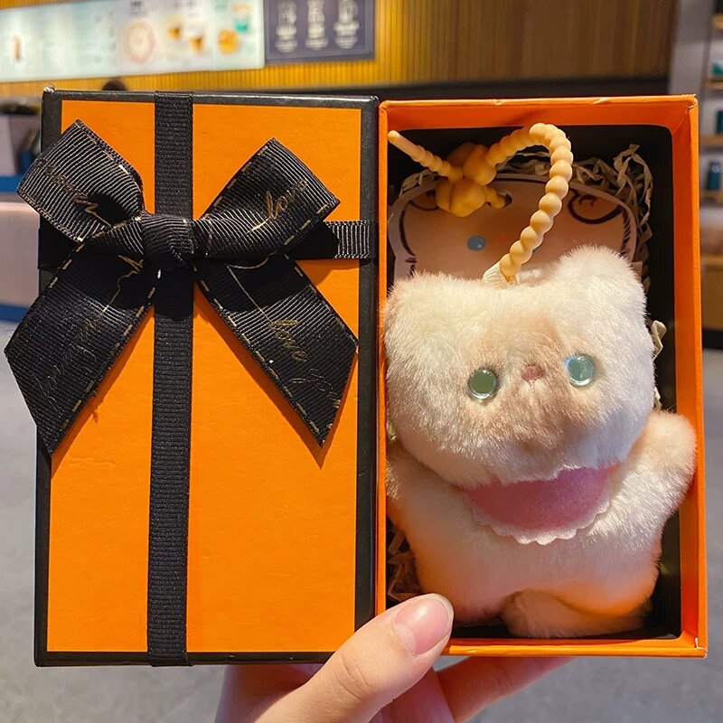 Плюшевый брелок с кошкой сиамской породы в оранжевой подарочной коробке, мягкий фризовый брелок для сумок, машин и