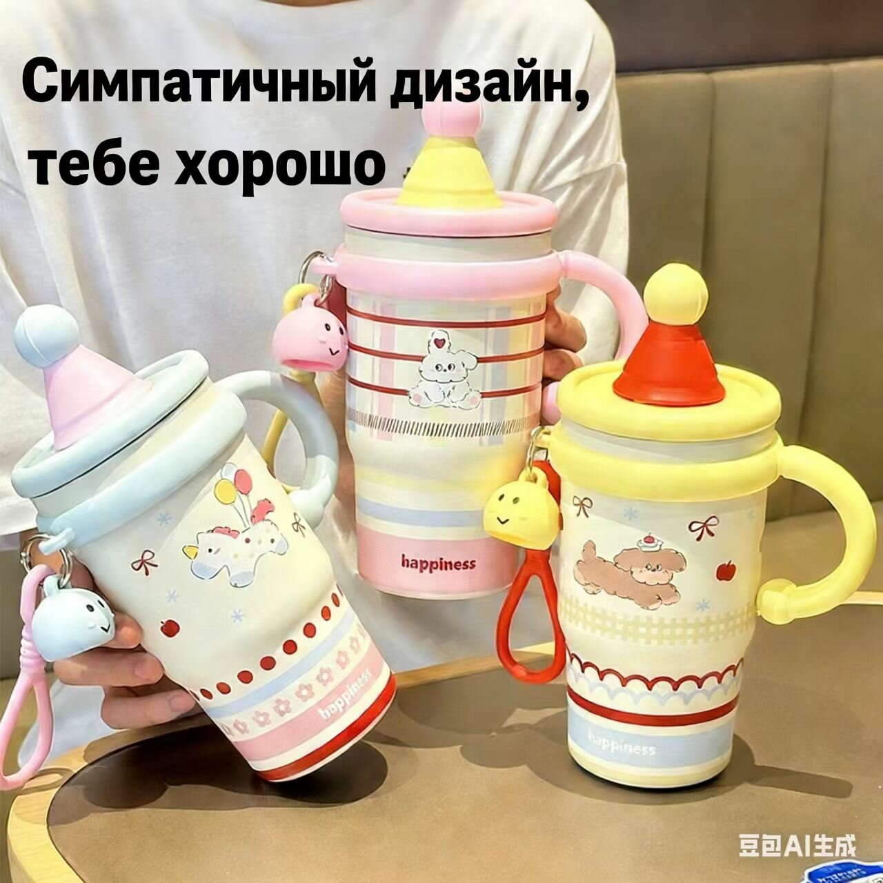 Милый термокружка с собачкой, объем 600 мл, с ручкой и подставкой для соломинки»