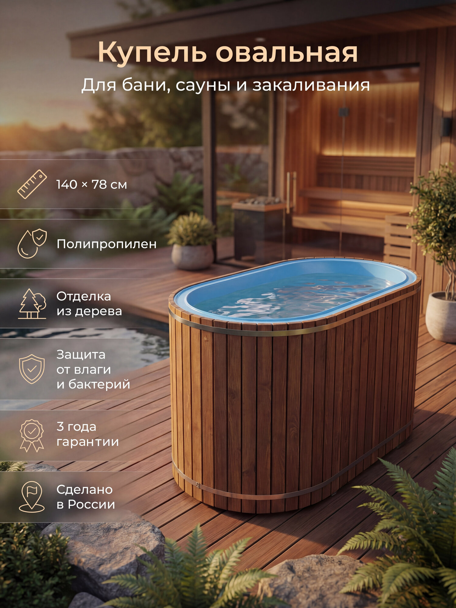 Купель для бани с сиденьем, пластик, обшивка деревом