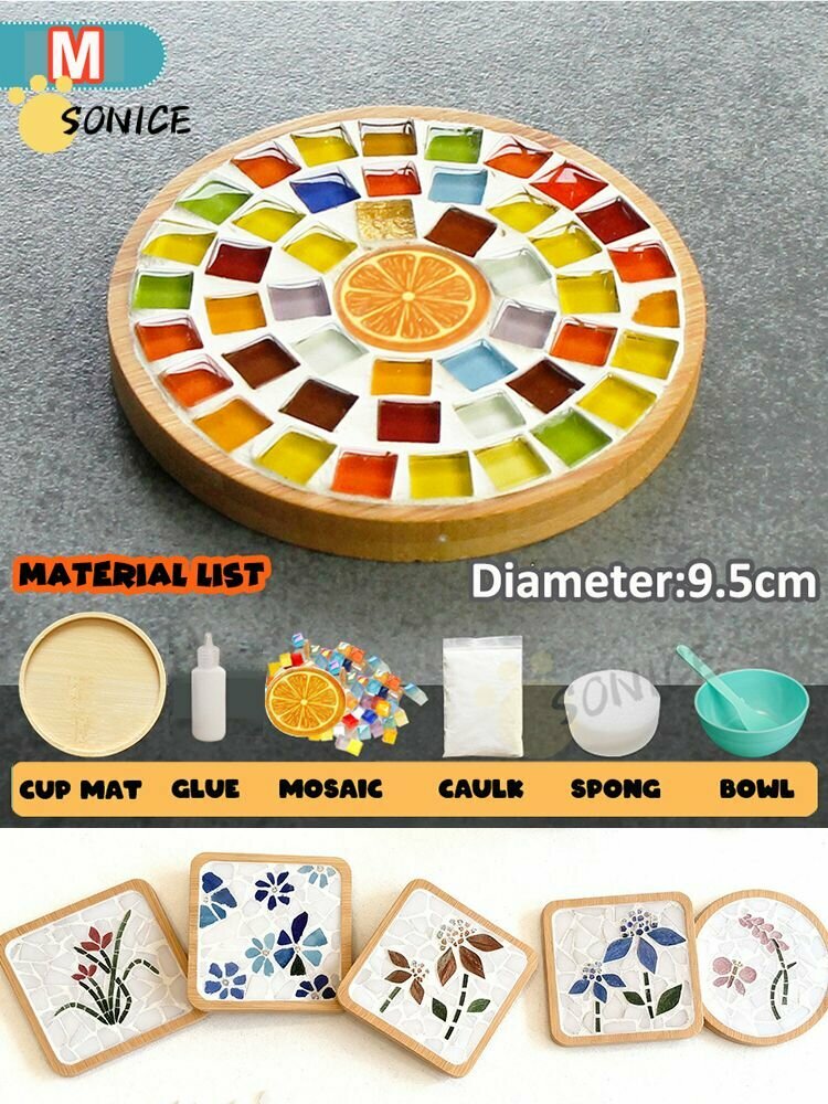 Набор для творчества "Мозаика из стекла" создай подставки под стаканы разноцветная с деревянными заготовками для начинающих