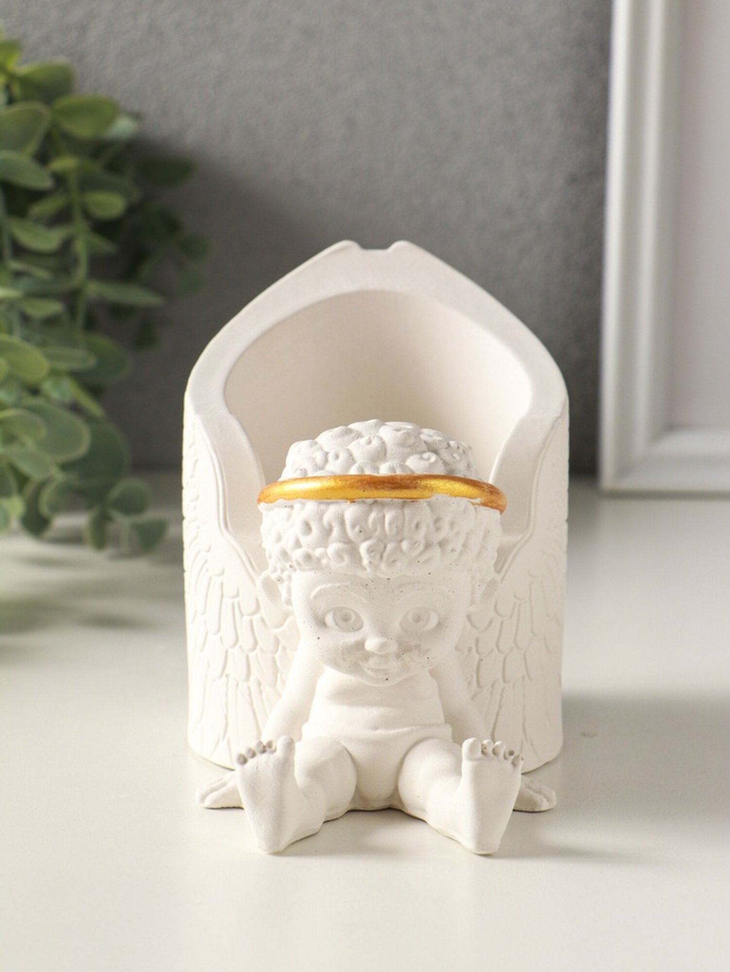 Карандашница Сима-ленд "Ангел", гипс, белая с золотом, 12x10 см