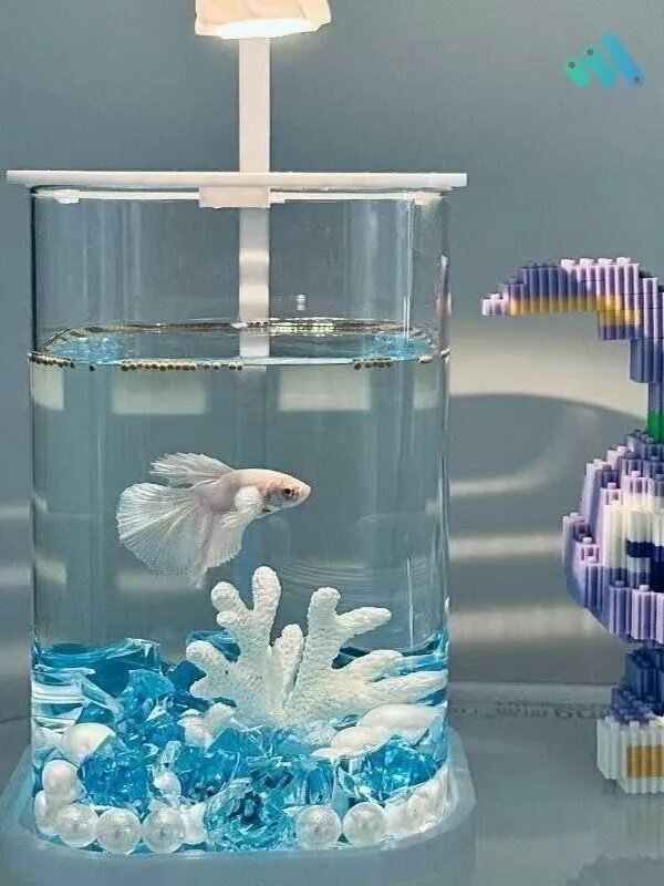 Набор аквариума для петушков "Ледяная синева" - мини-аквариум из сверхпрозрачного стекла (10 10 15см + LED-подсветка + кристаллы)