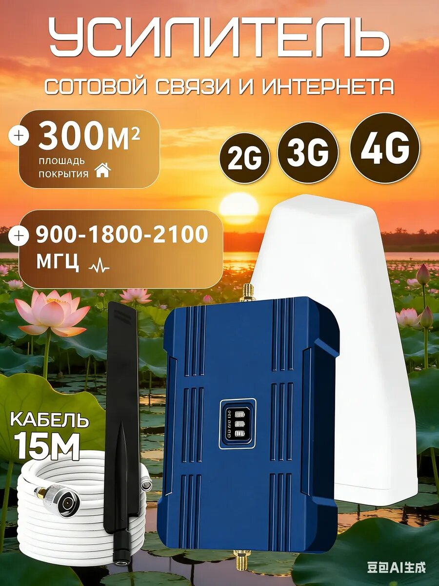 Усилитель сотовой связи 900/1800/2100 МГц (2G/3G/4G): до 70 км, направленный, синий, 1.3 кг