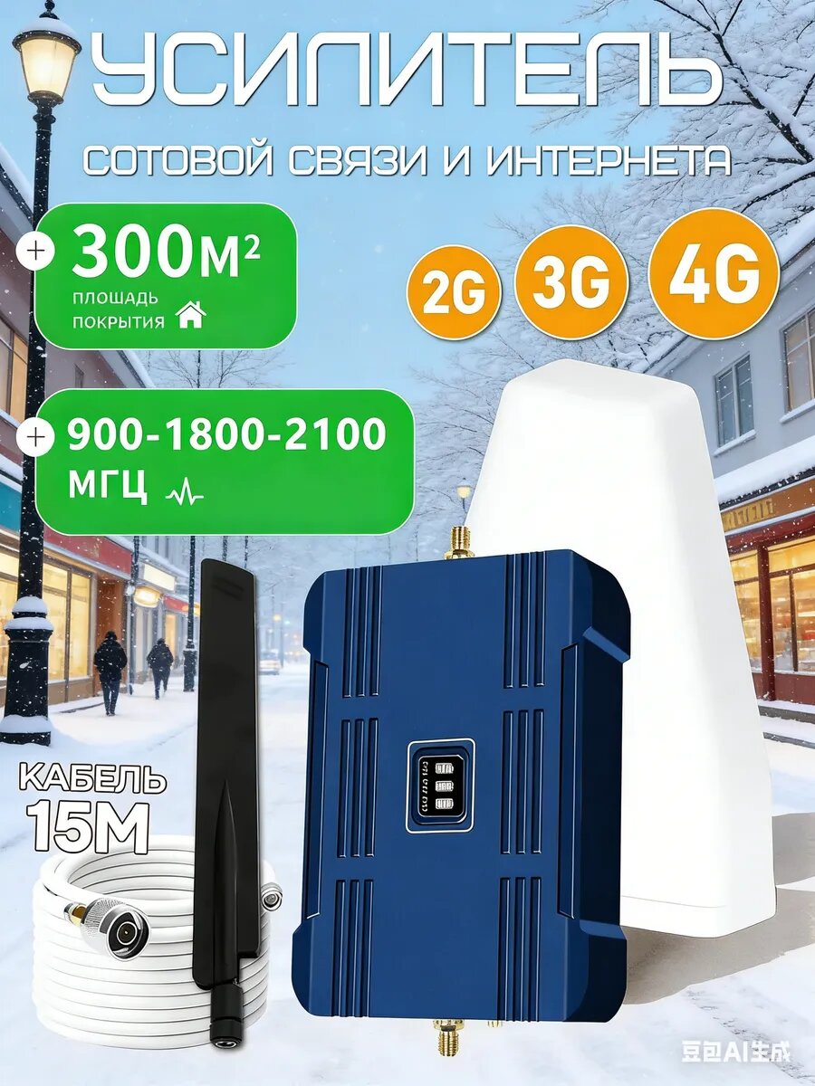 Усилитель сотовой связи 900/1800/2100 МГц (2G/3G/4G): до 70 км, направленный, синий, 1.3 кг