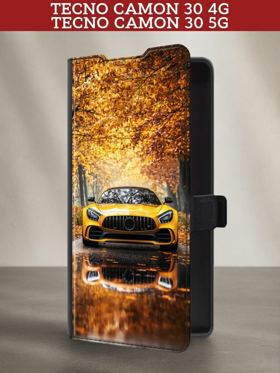 Чехол-книжка на Tecno Camon 30 4G/Tecno Camon 30 5G / Текно Камон 30 4G/Камон 30 5G с принтом Машина в осени, черный