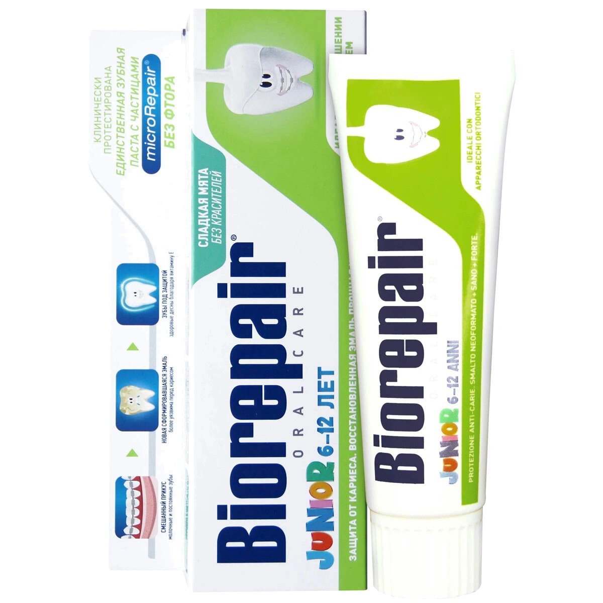 Детская зубная паста Biorepair Junior со вкусом мяты, 6+, без фтора, 75 мл