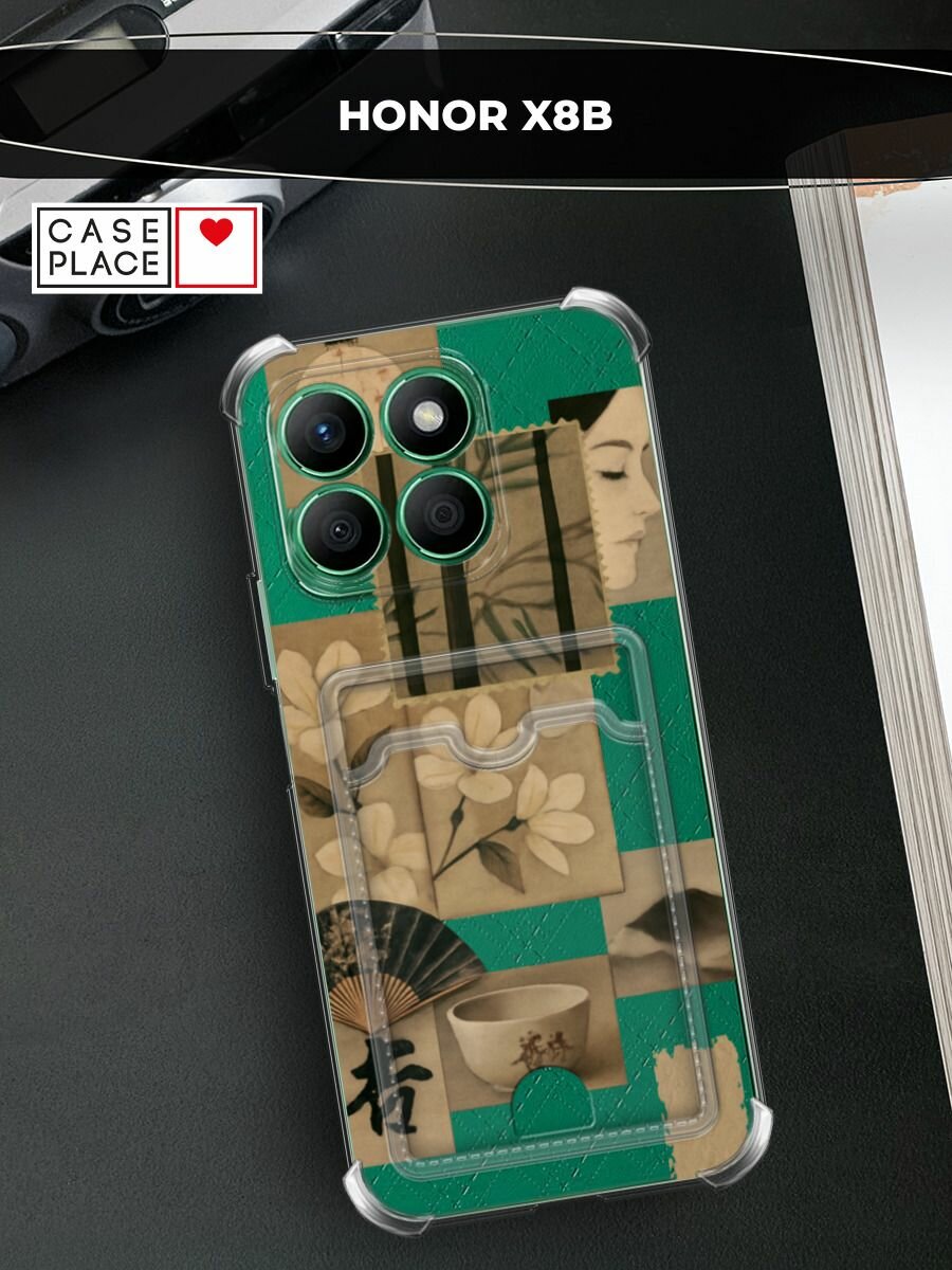 Чехол на Honor X8b (Хонор X8B) с картой и принтом Японские марки сепия