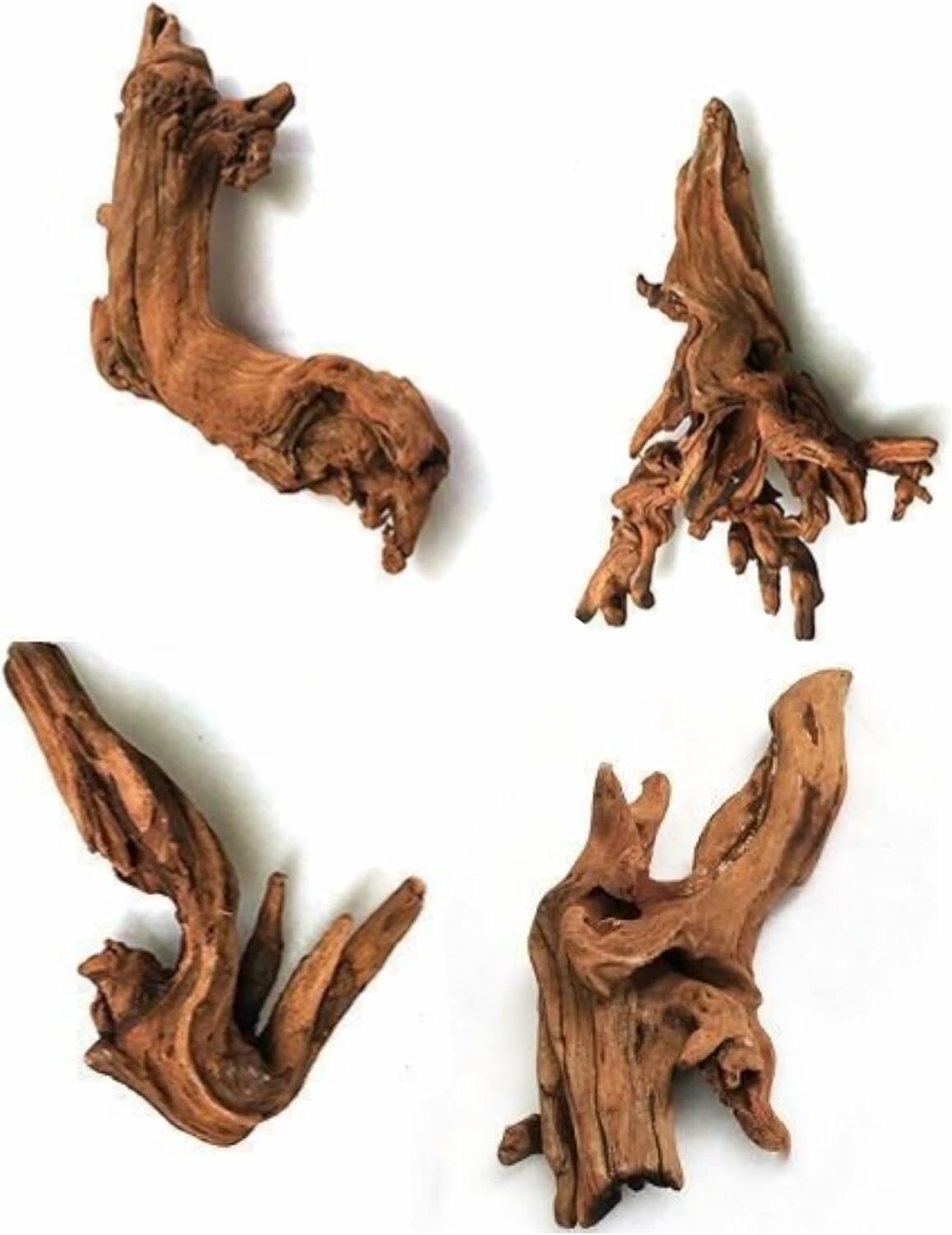 Набор из 4 штук натурального затонувшего дерева размером 2-4 дюйма (случайной формы из природных корней деревьев) для ландшафтного дизайна аквариума, декора террариума для рептилий