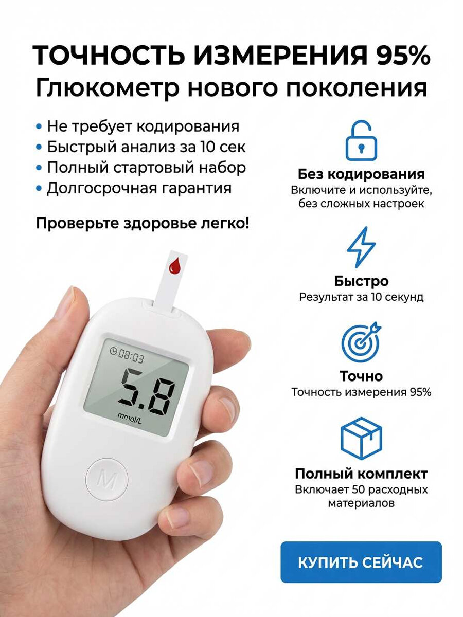 Глюкометр + 50 тест-полосок + ланцетов в наборе, измеритель сахара в крови, мониторинг глюкозы при сахарном диабете