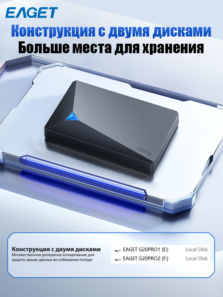 Внешний накопитель 1 ТБ EAGET G20Pro, USB 3.0, двухотсековой. Совместим с ПК, ноутбуками, смартфонами, PS5, Xbox — фото 1