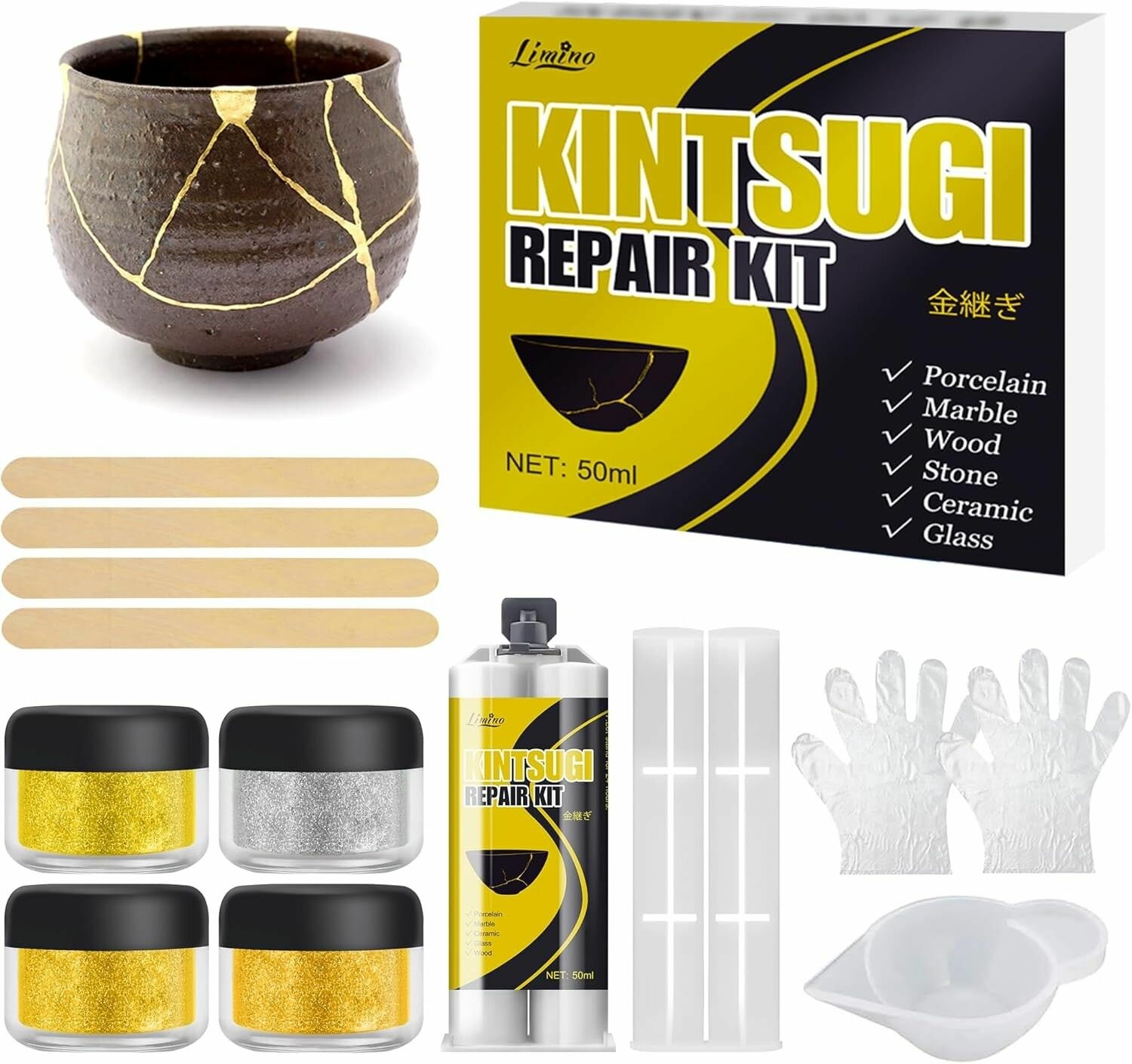 Набор для ремонта Kintsugi, 4 цвета, 50 мл, безопасный пищевых продуктов и посудомоечной машины, клей керамики и фарфора, керамическая ремонтная смола кастрюль