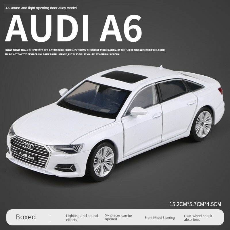 Белая модель автомобиля Audi A6 из металла в коробке, масштаб 1:24