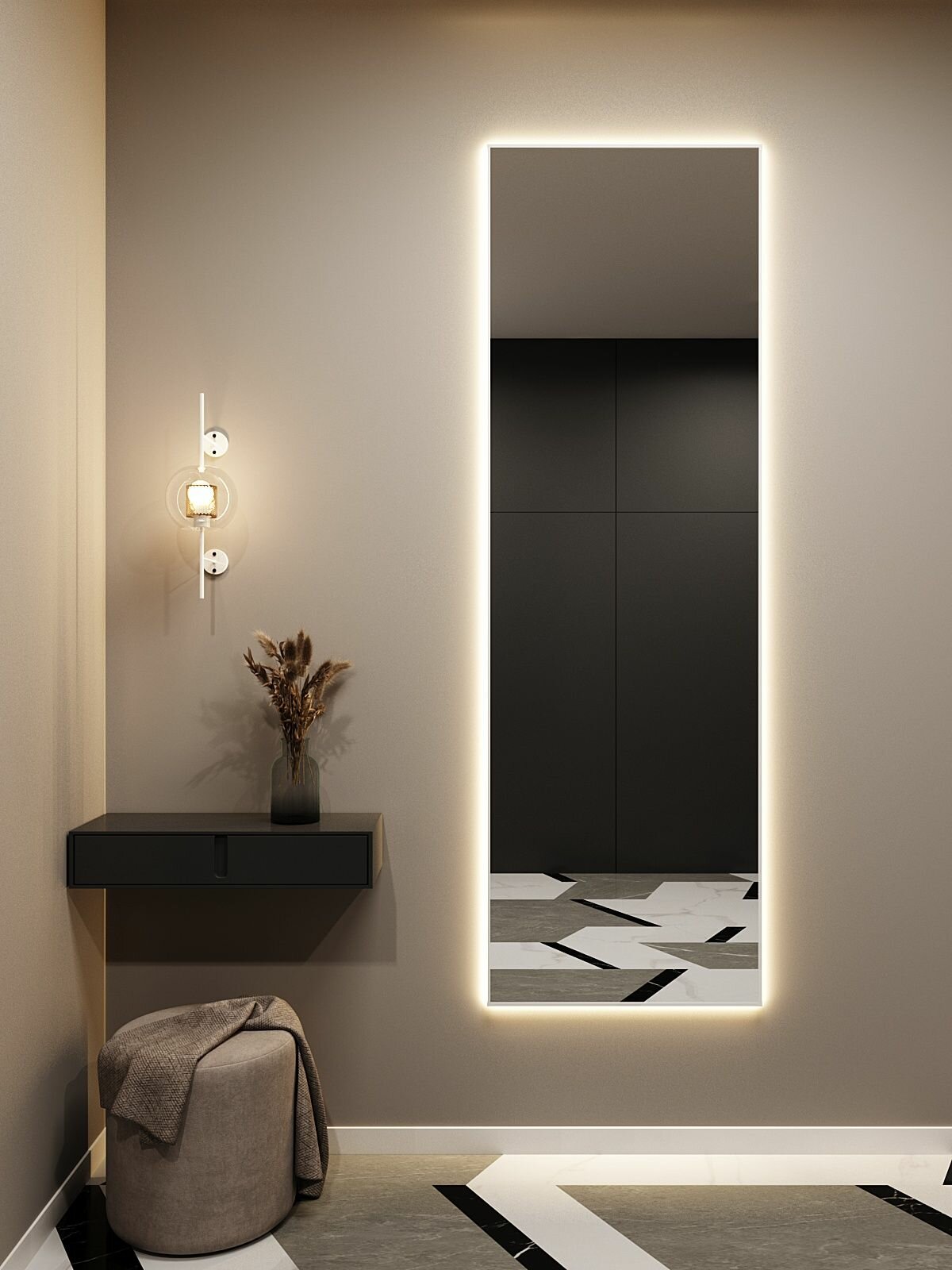 Зеркало настенное 210х60 см. белое с подсветкой. Свет: Теплый белый 3000К. В алюминиевой раме интерьерное BLX MIRROR