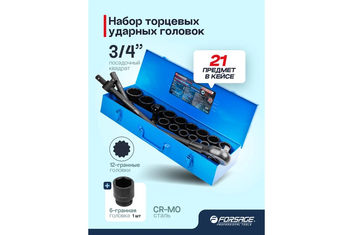 Набор головок слесарных ударных FORSAGE 59 087 F-6212-9MPB, 21 предмет