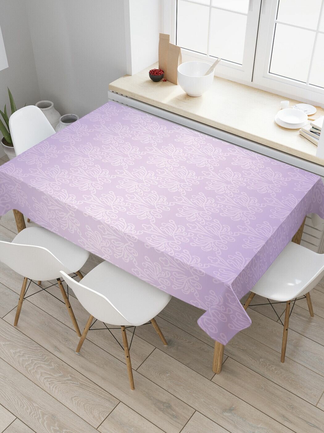Прямоугольная водоотталкивающая тканевая скатерть на стол JoyArty с рисунком "Нежность дамасского декора" 145 на 180 см
