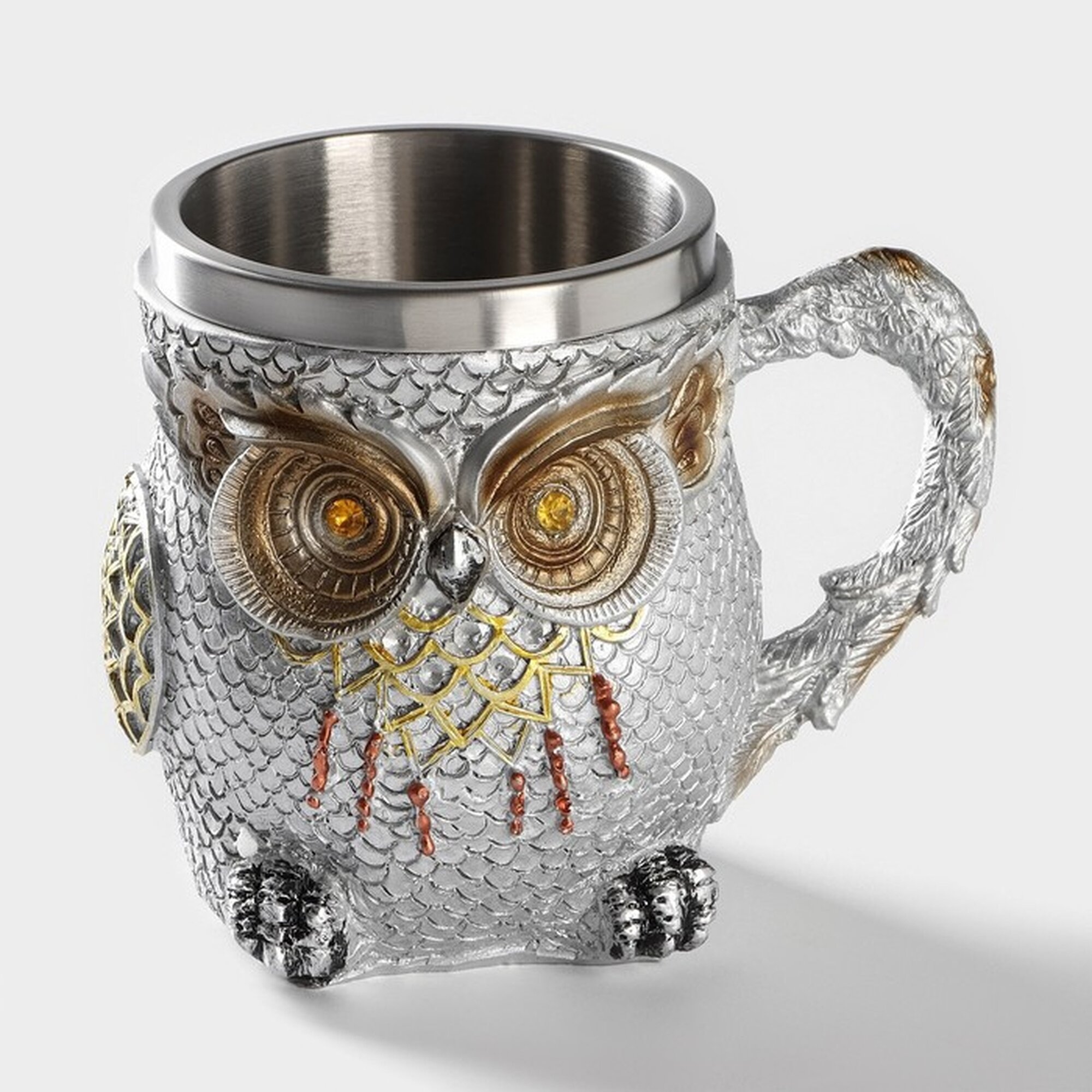 Кружка SKYPHOS «Сова» 400мл, из металла и полистоуна, для горячих напитков, серебристая