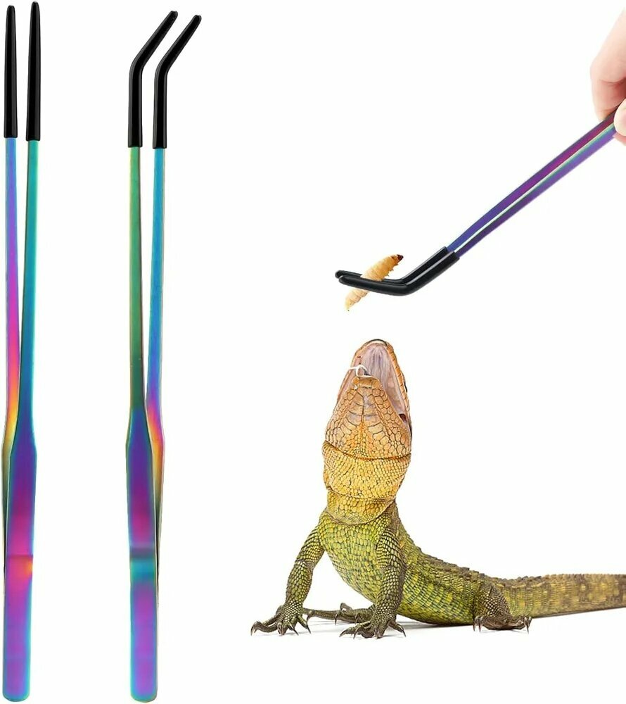 Щипцы для кормления рептилий из нержавеющей стали с резиновым наконечником, прямой и изогнутый пинцеты для аквариумов и рукоделия - и инструменты для ящериц-2 штуки
