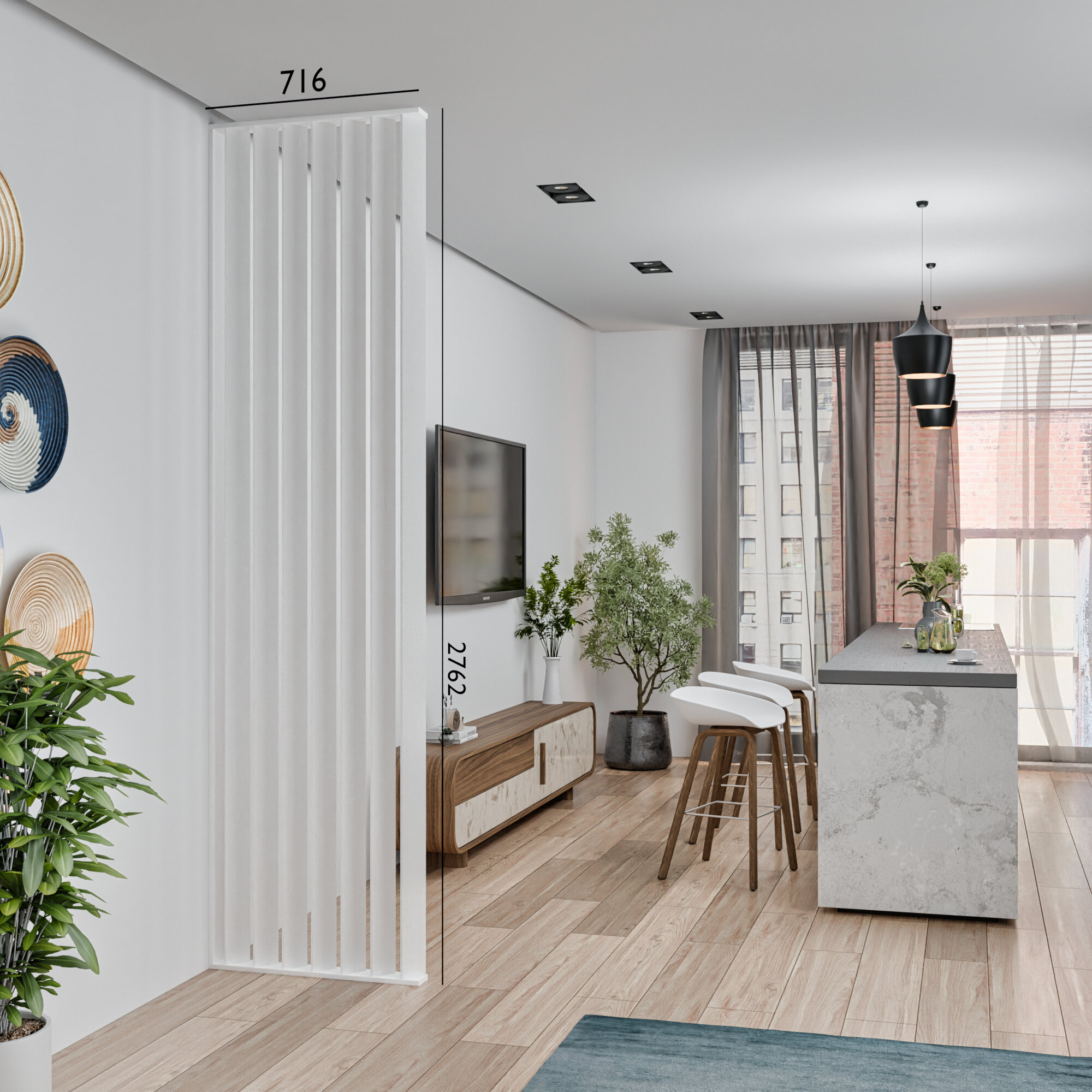 Перегородка из реек для зонирования пространства 72 см, ЛДСП, белый