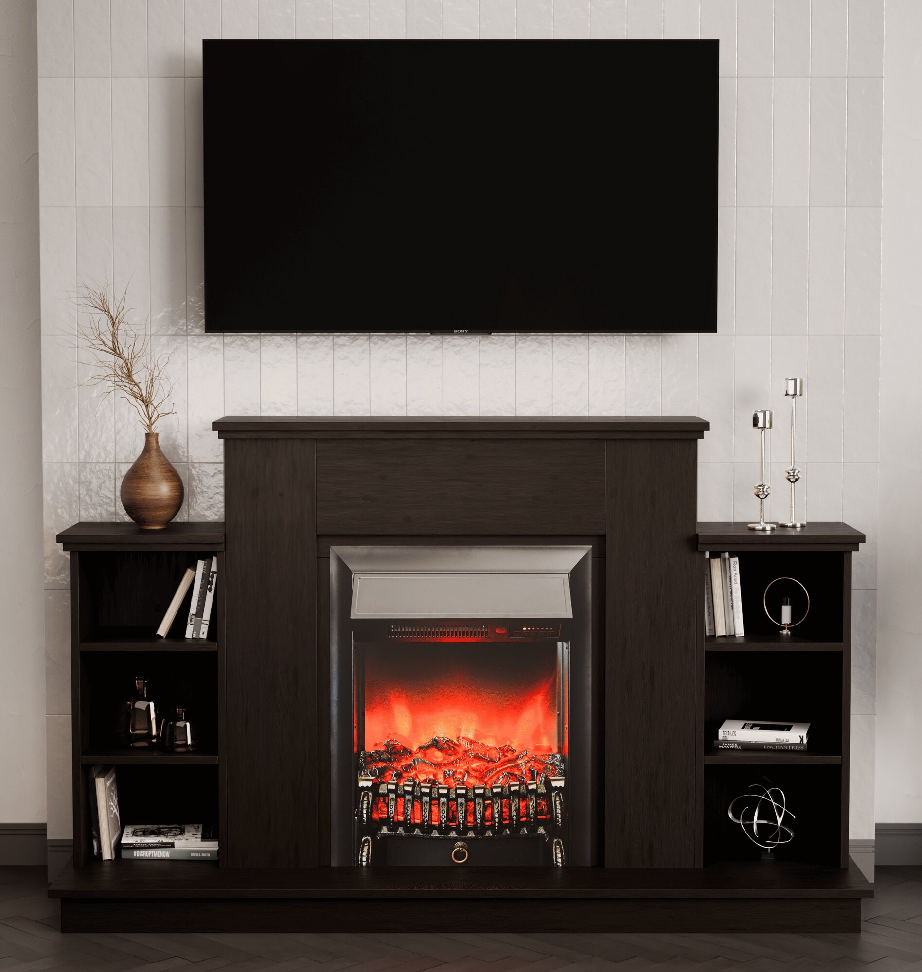 Камин электрический Ostin венге с очагом Fobos, обогрев, звук потрескивания дров (электрокамин с полками)