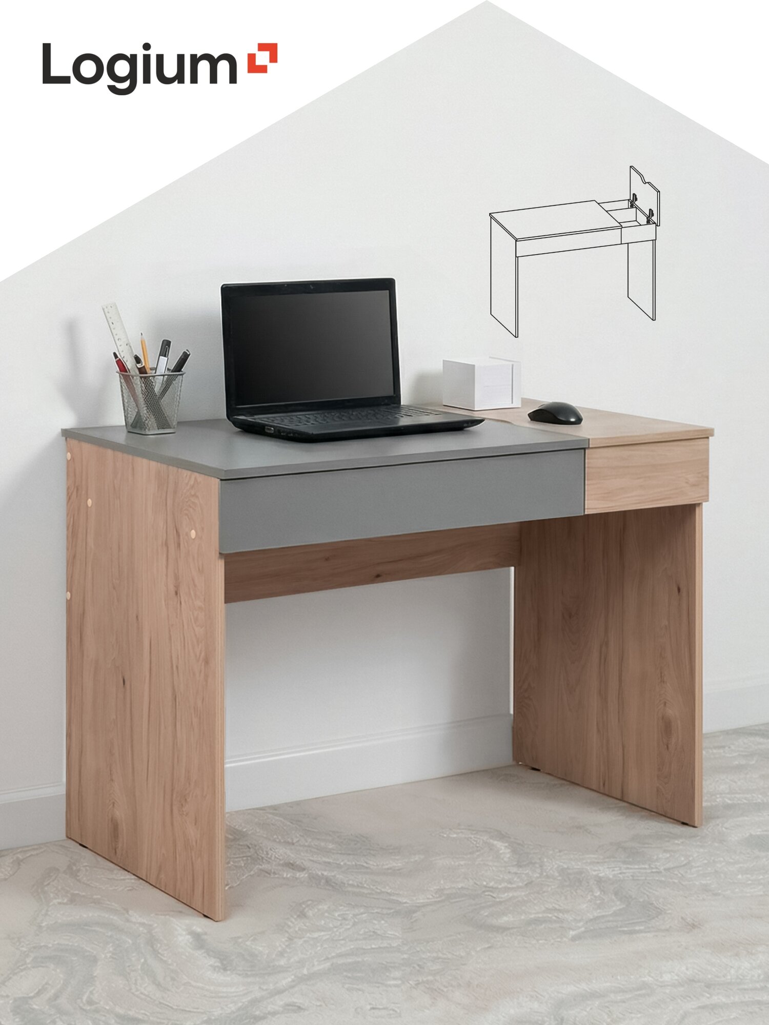 Стол письменный с ящиками, 104х55х75, Сигма 12.162, Гикори Рокфорд Натуральный, Серый Шифер, для школьника, офисный