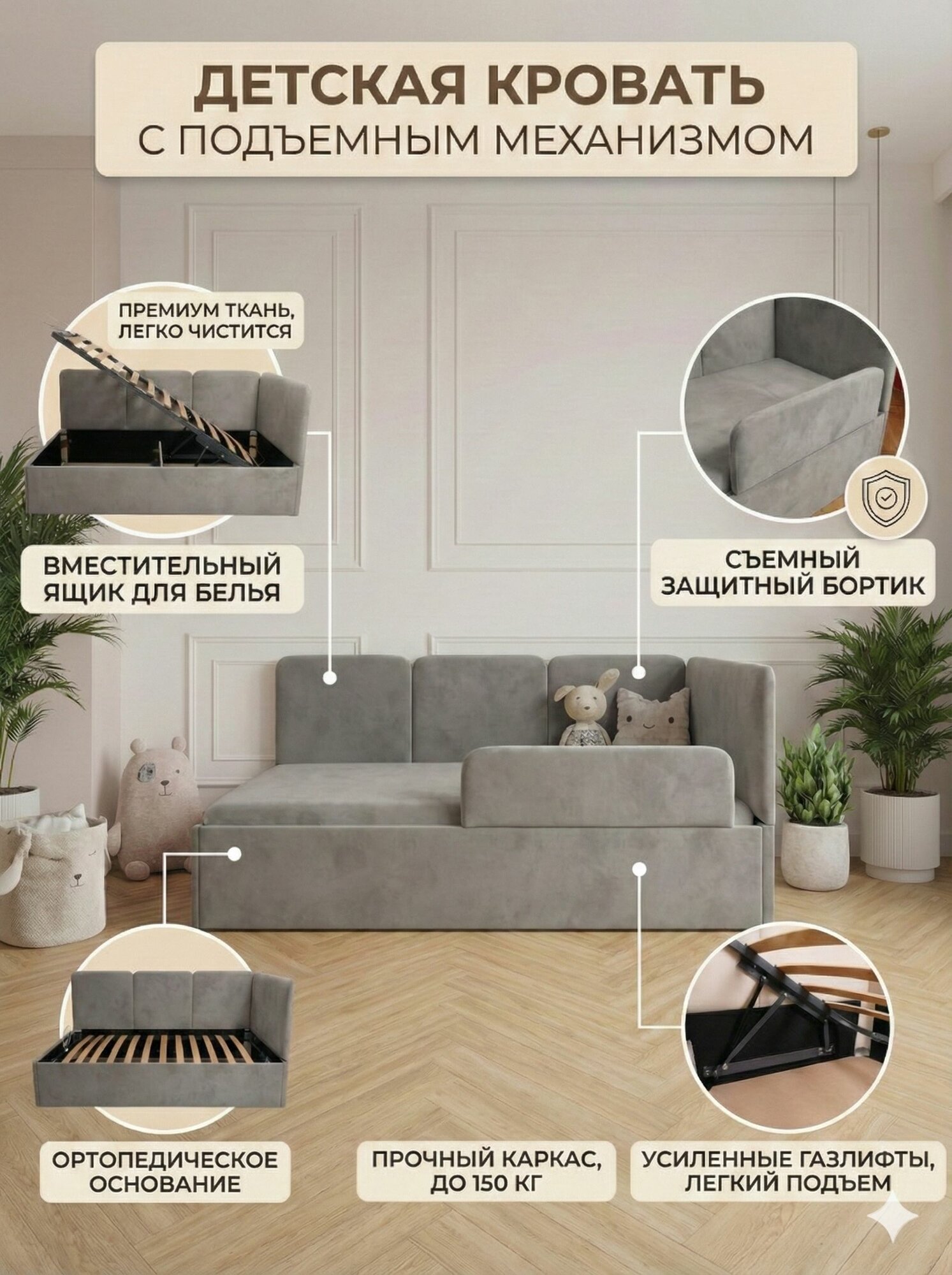 Детский диван-кровать 180 90 см Тренди с ортопедическим основанием и подъемным механизмом, кровать детская от 3х лет, спинка справа