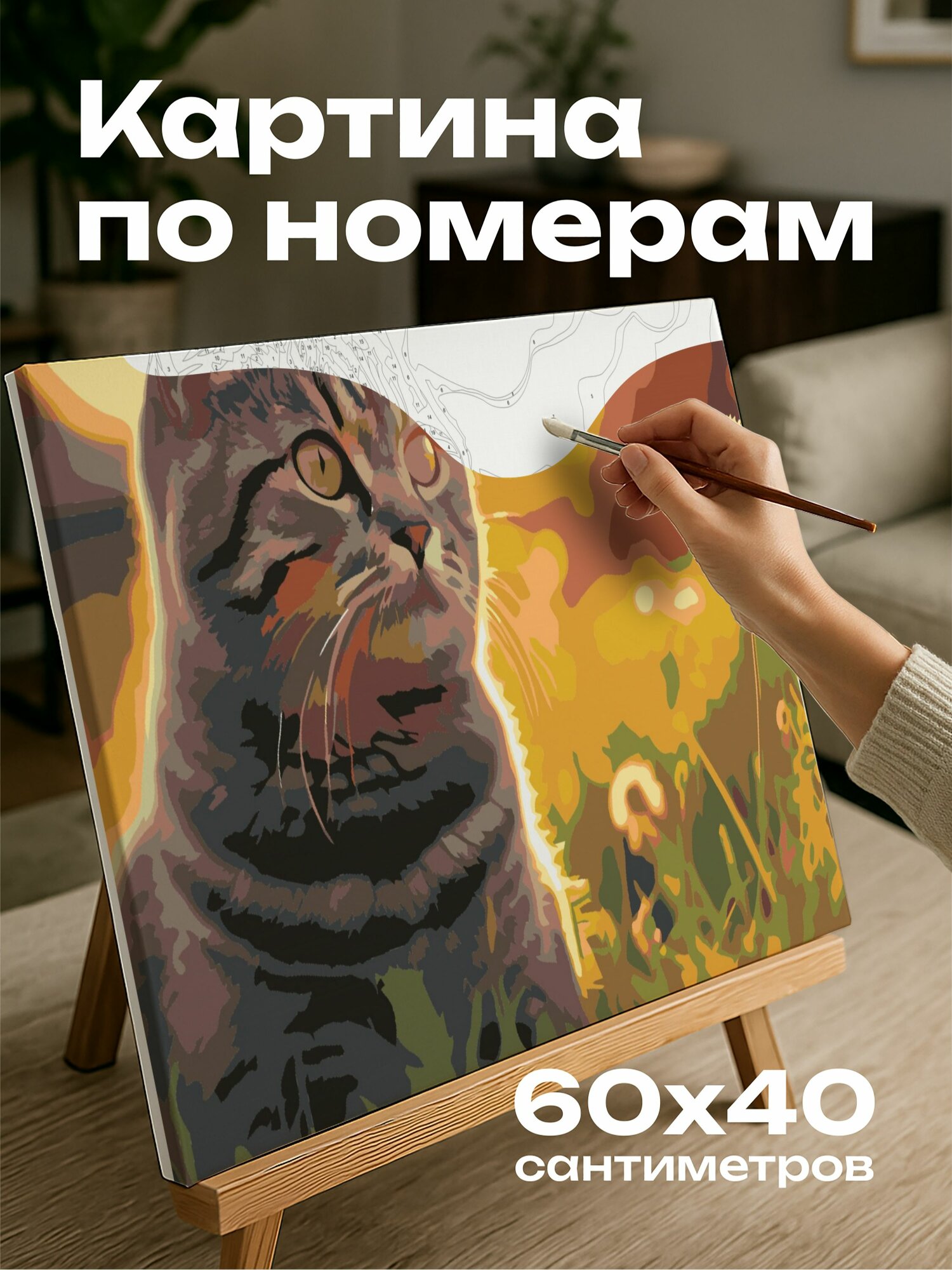 Картина по номерам 60x40 см, кошка, британская порода, серебристо-полосатая шерс, янтарные глаза, подоконник, взгляд