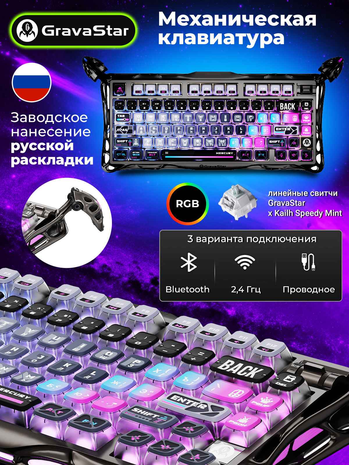 Клавиатура Gravastar Mercury K1 Pro СBLK RU, 3 вида подключения: Bluetooth, 2,4 ГГц, USB, RGB подсветка