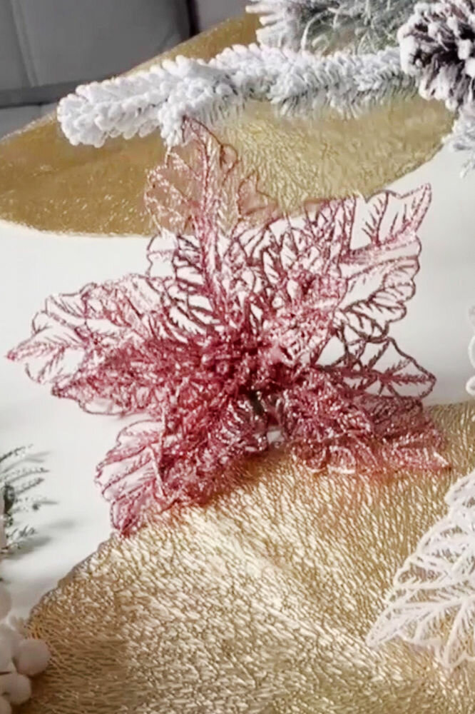 Пуансеттия ажурное чудо на клипсе, розовая, 23х8 см, Kaemingk 629438